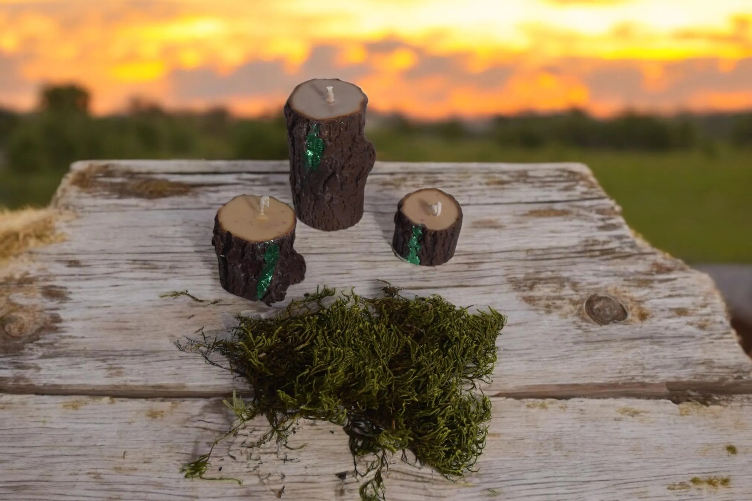 Rustic Tree Log Candles with Emerald Accents – Handmade Woodland Decor ...